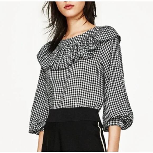 Zara | Tops | Zara Frilled Black White Gingham Ruffle Neck Soft Top ...